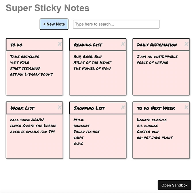 Screenshot of Super Sticky Notes web app